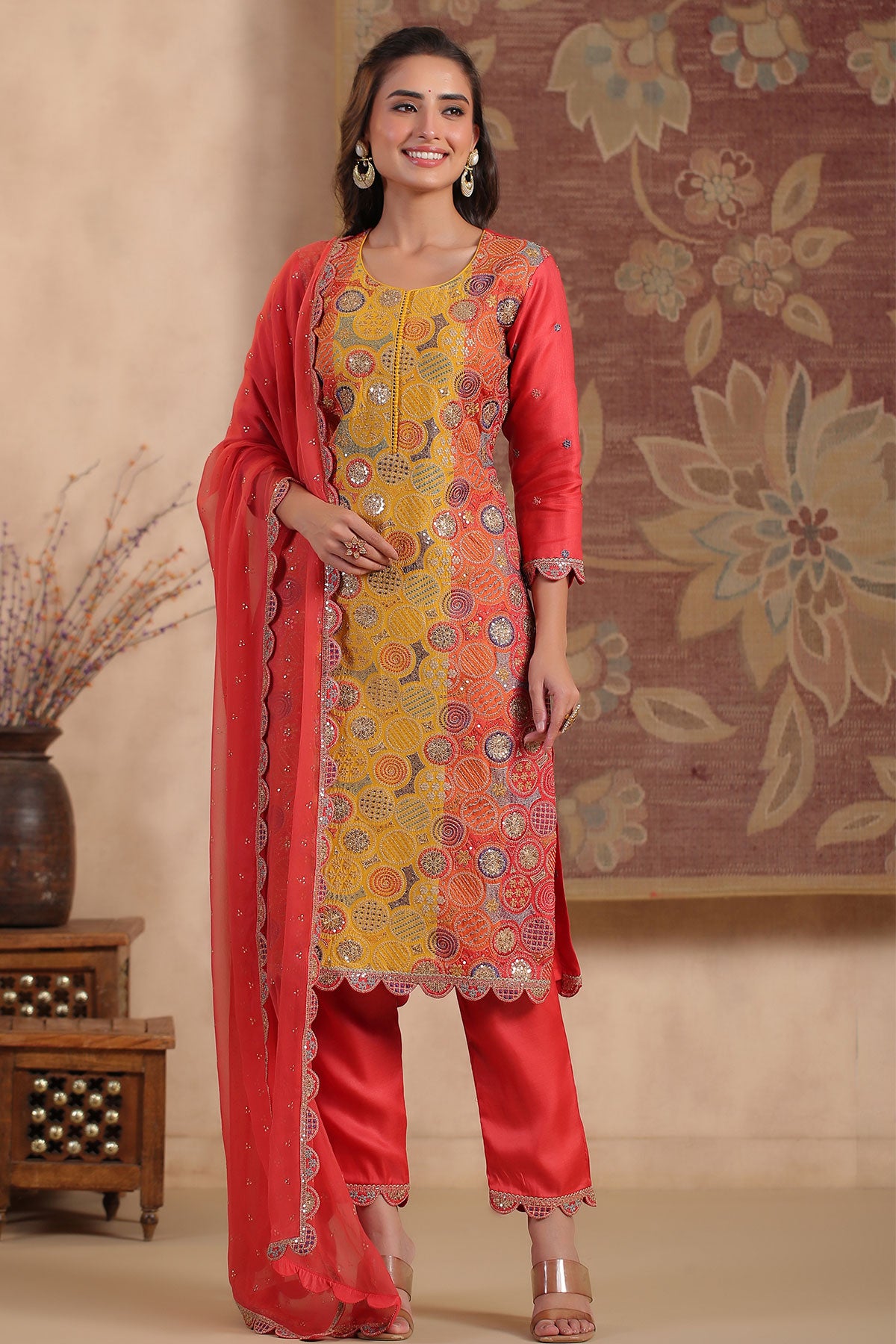 Gajari Silk Embroidered Suit Set – Meena Bazaar