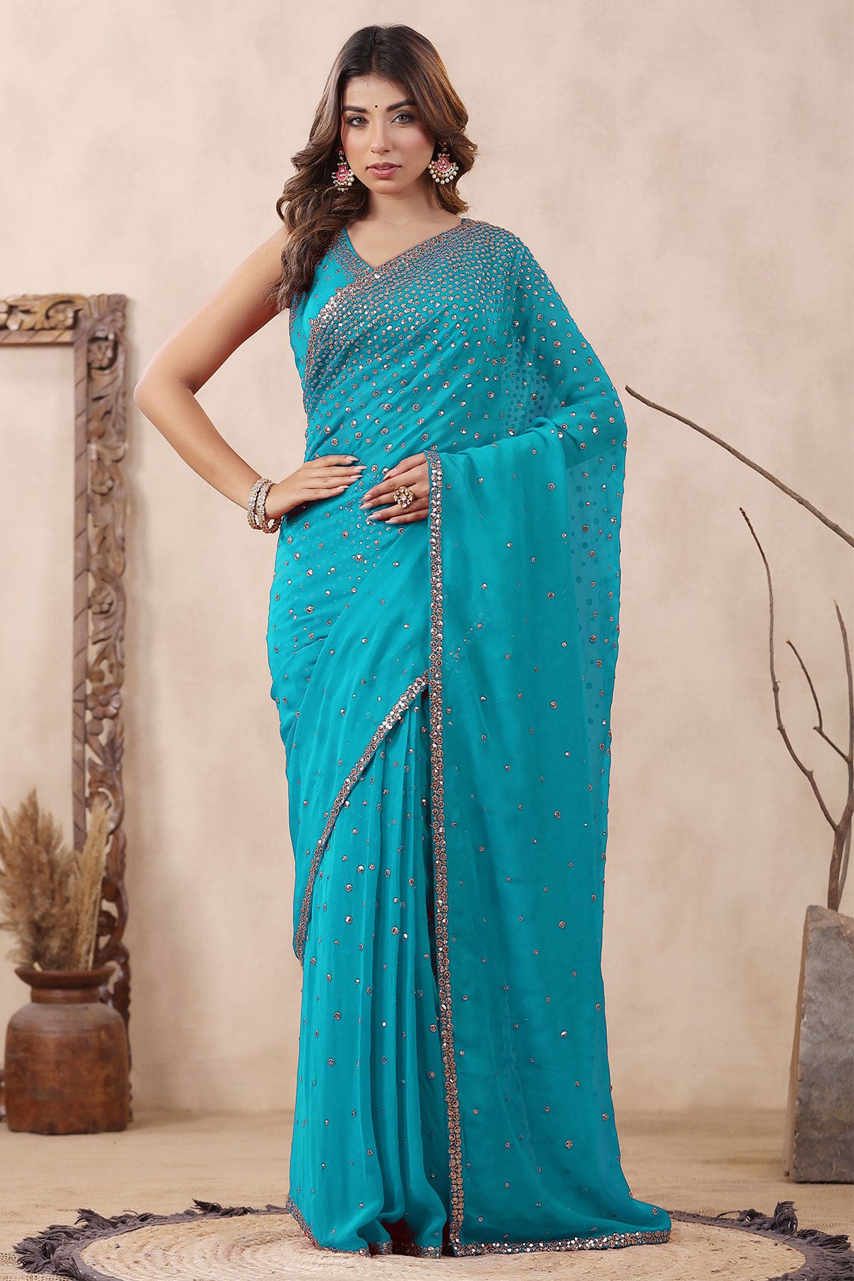 Firozi Georgette Saree with Zari and Sequins Embroidery – Meena Bazaar