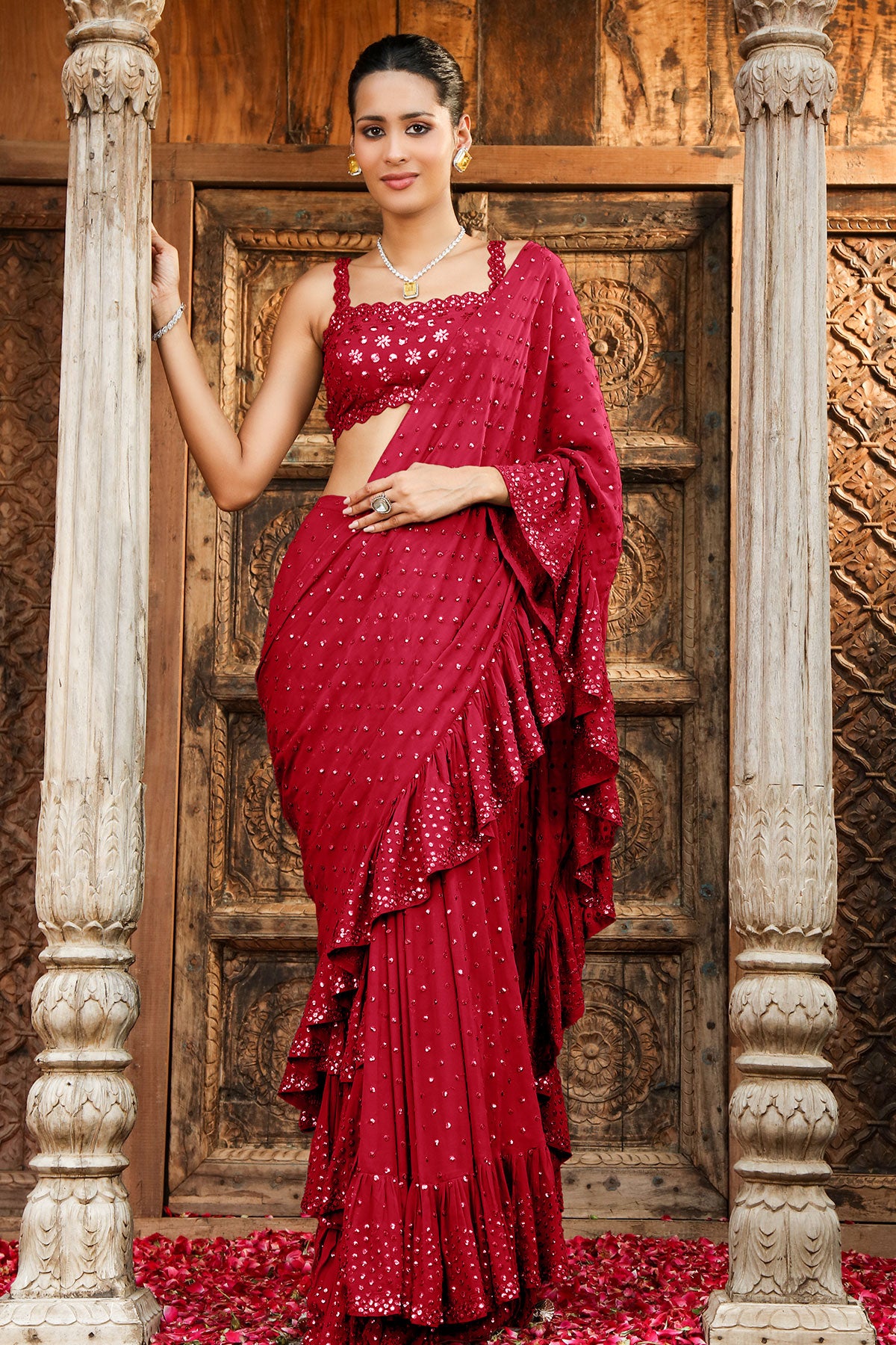 Maroon Georgette Swarovski Embedded Saree – Meena Bazaar